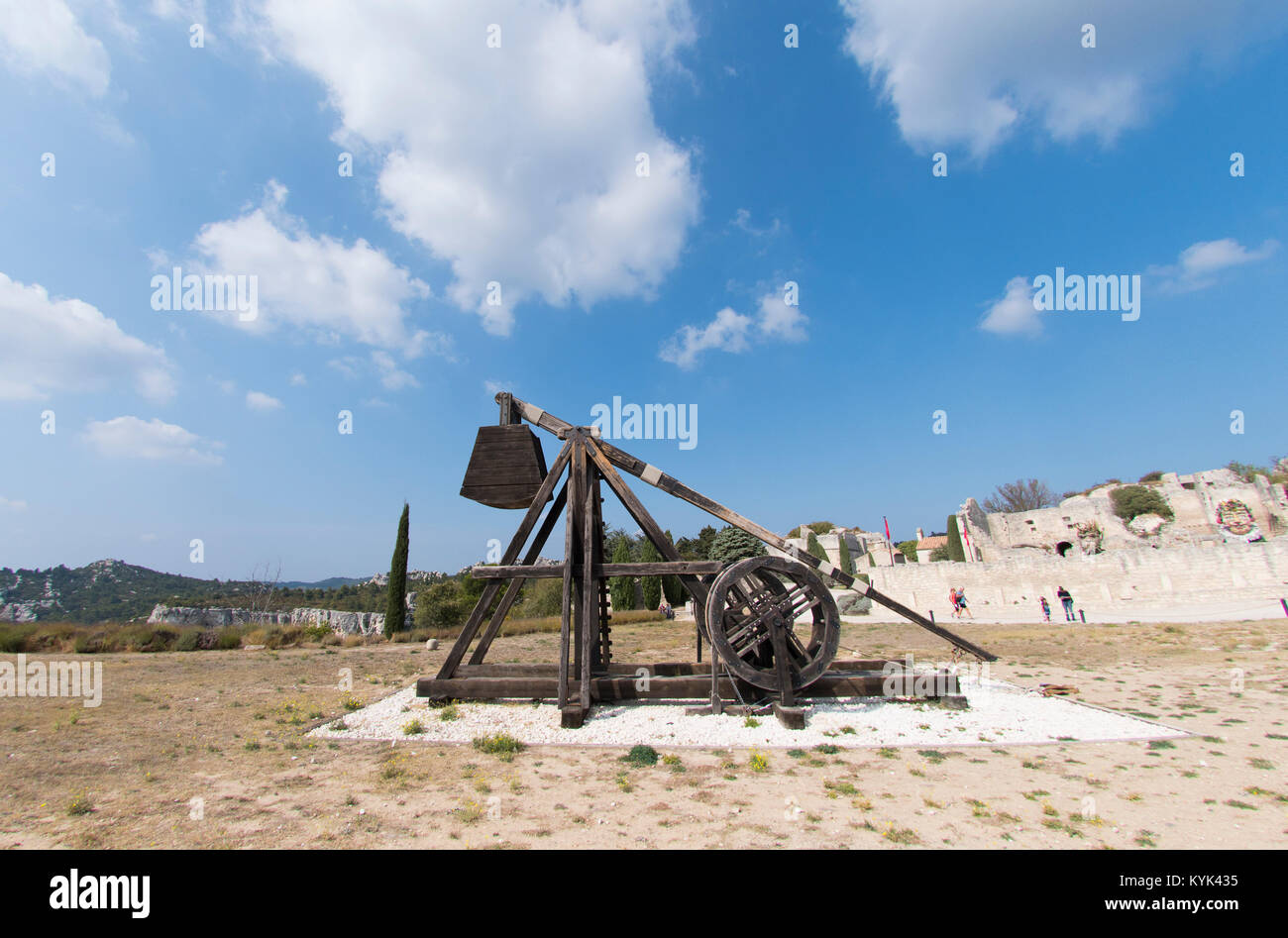 replica of trebuchet catapult in Les Baux de Provence, France Stock ...