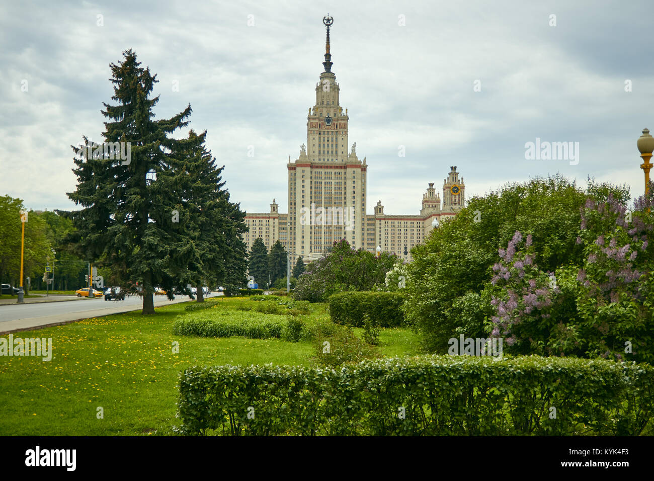 Main building of Moscow State University at the background and garden ...