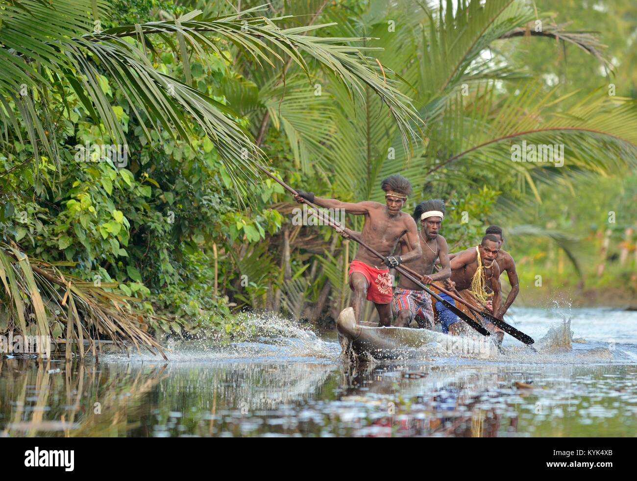 Canoe war ceremony of Asmat people. Headhunters of a tribe of Asmat ...