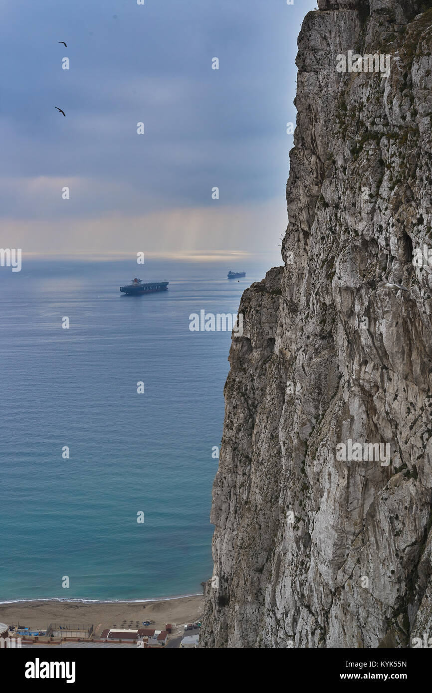 Freighter boats anchored in front of Gibraltar Rock, Gibraltar, United ...