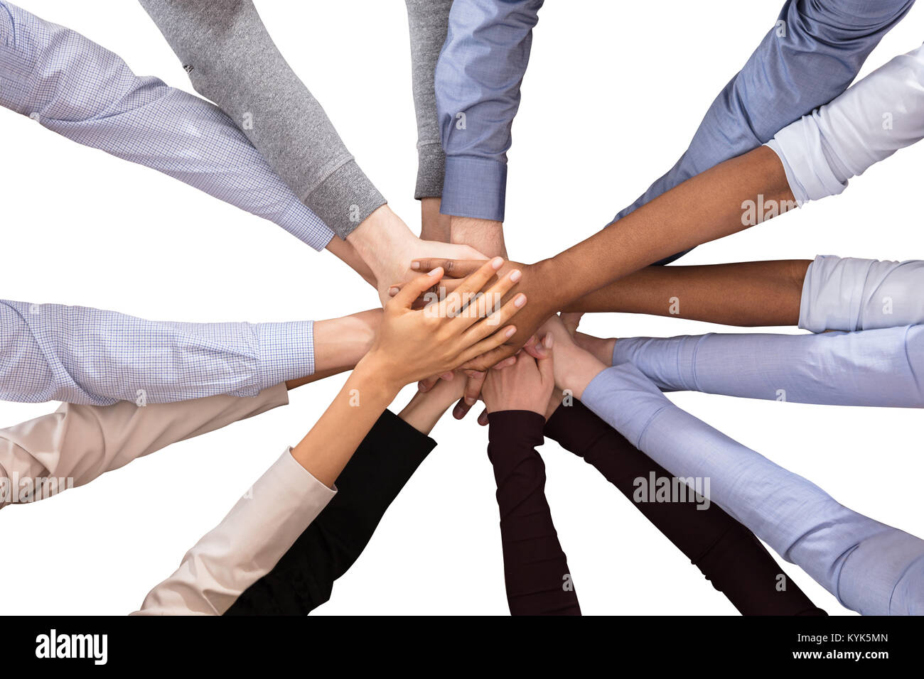 Elevated View Of Hands Stacking Each Other Hands Against White ...