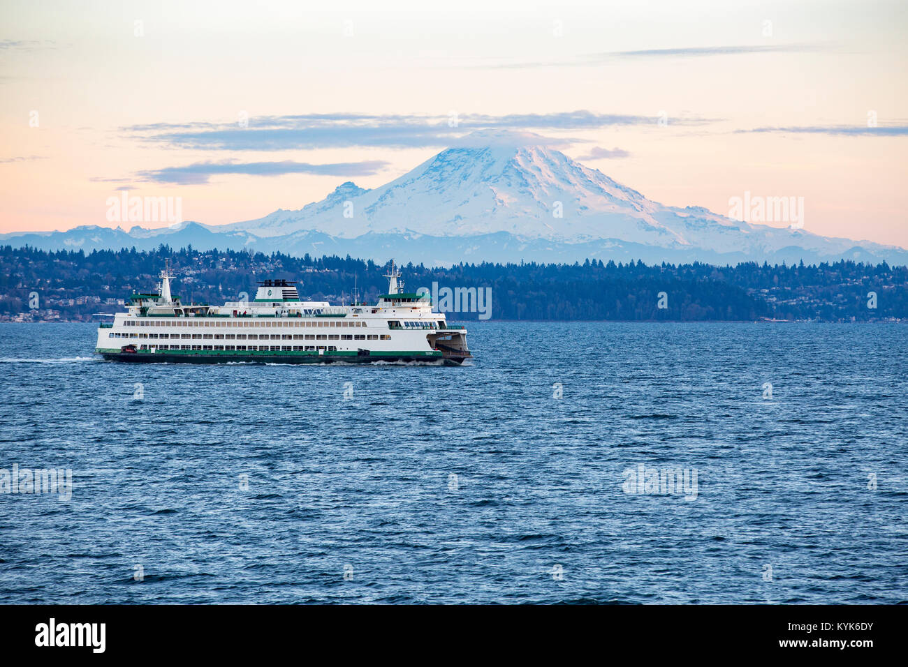 Mount Rainier with Seattle ferry on Puget Sound Stock Photo - Alamy
