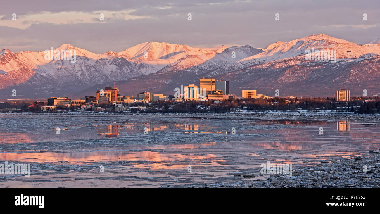 The Anchorage skyline as the sun sets in winter Stock Photo - Alamy