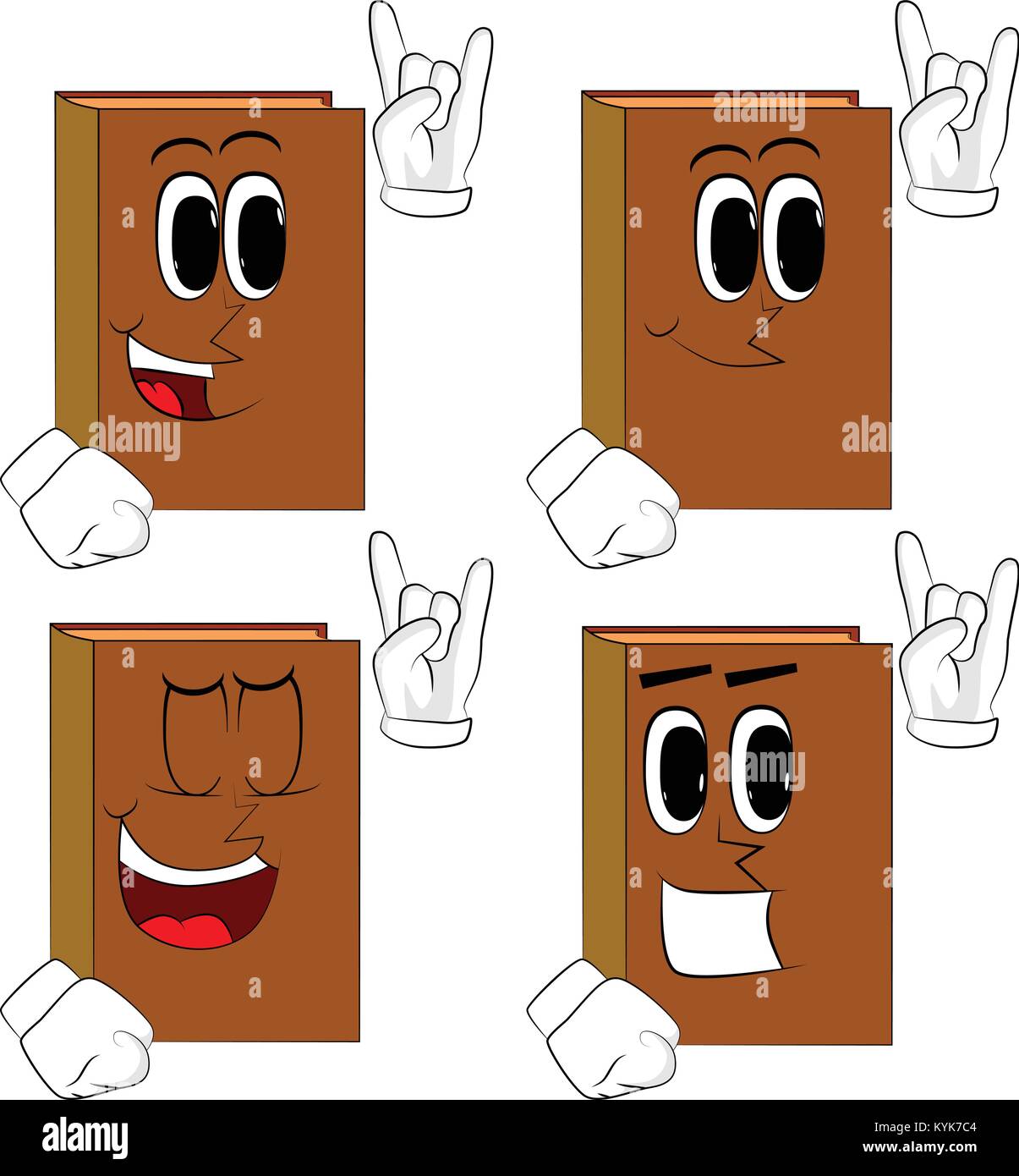 Books with hands in rocker pose. Cartoon book collection with happy ...