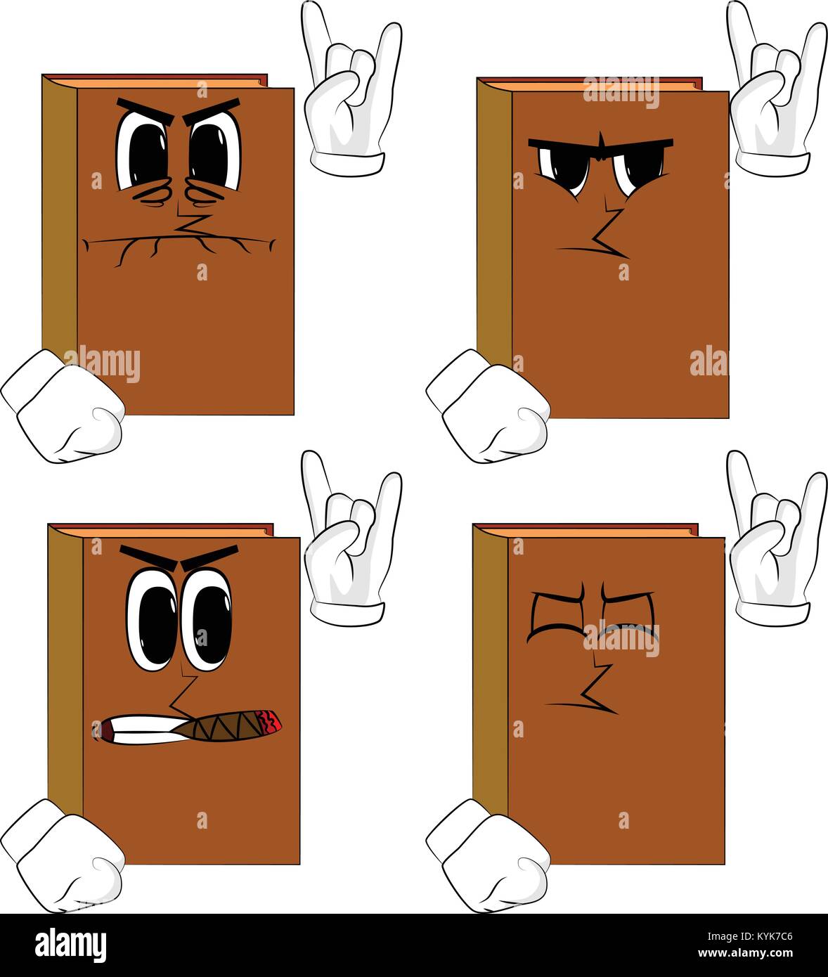 Books with hands in rocker pose. Cartoon book collection with angry ...