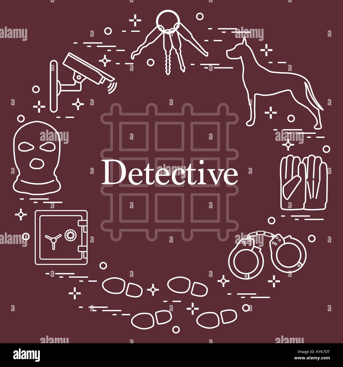 Criminal and detective elements. Crime, law and justice vector icons ...