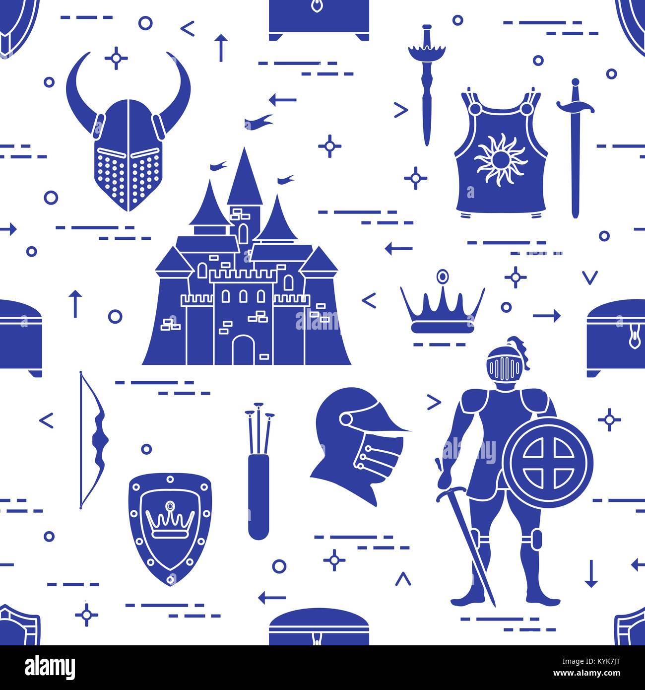 Seamless pattern with knight, castle, shields, swords, cuirass, helmet ...