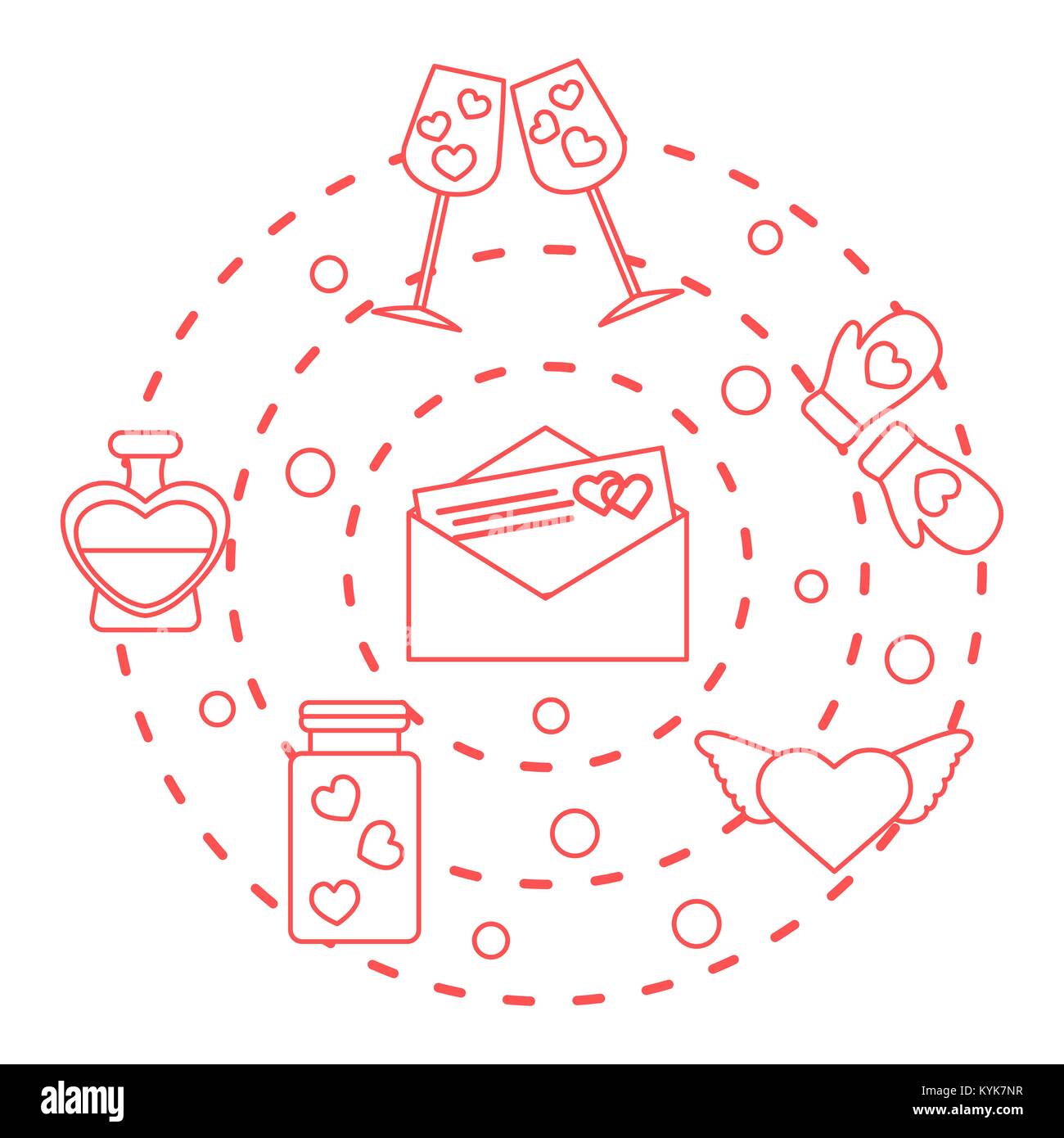 Romantic symbols arranged in a circle. Stemware, envelope with letter ...