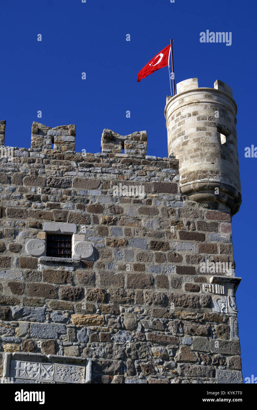 Top of tower and flag in Bodrum castle, urkey Stock Photo - Alamy