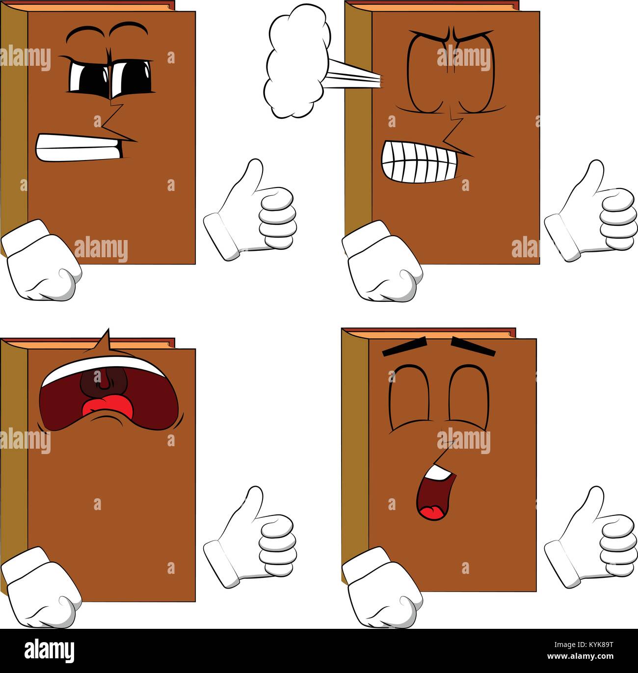 Books making thumbs up sign. Cartoon book collection with angry and sad ...