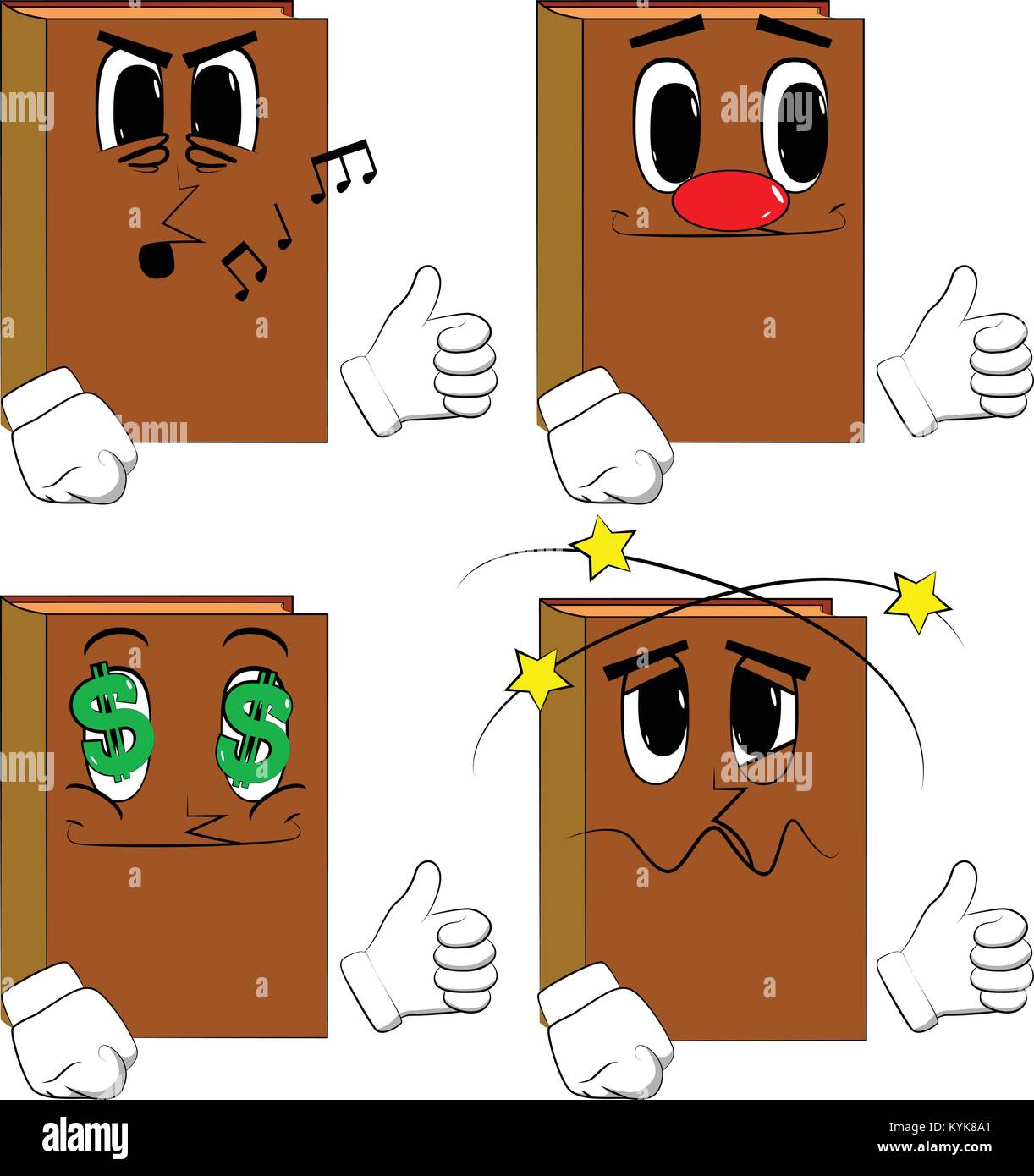 Books making thumbs up sign. Cartoon book collection with various faces ...