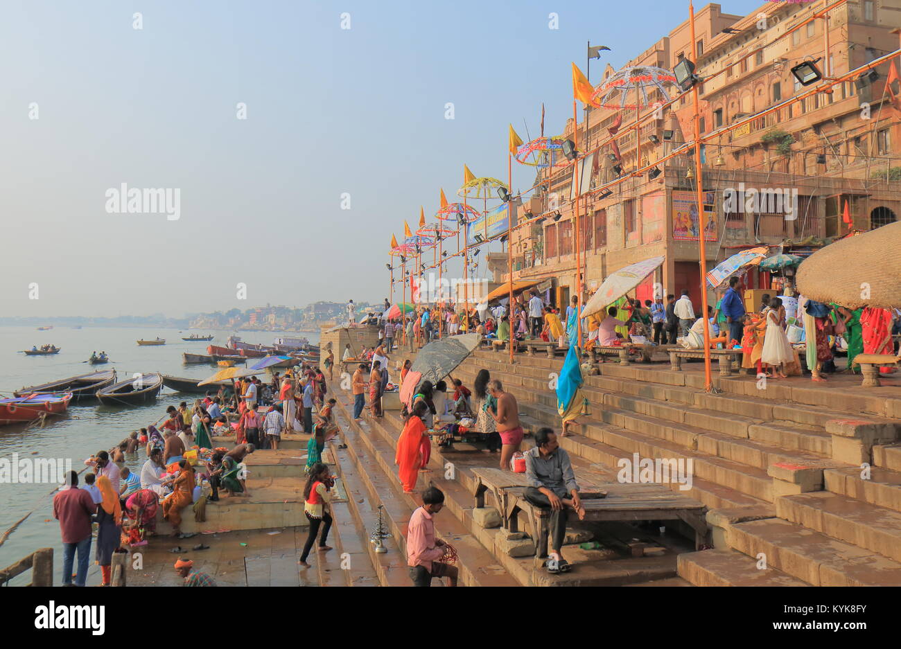People pray in Ganges river ghat in Varanasi India Stock Photo - Alamy