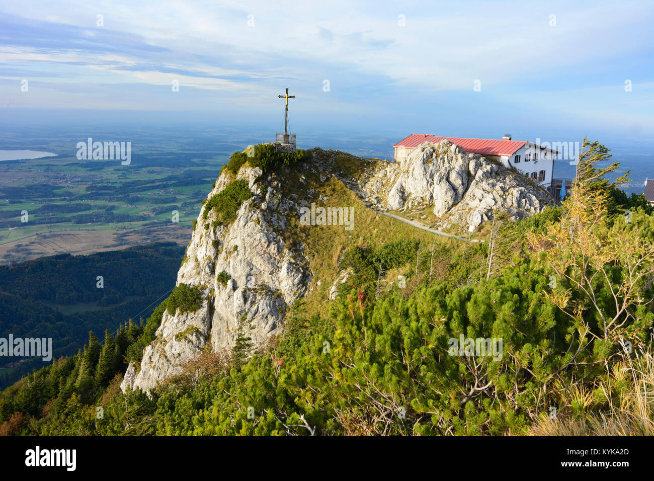 Bergen: mountain Hochfelln, lake Chiemsee, mountain house, summit cross ...
