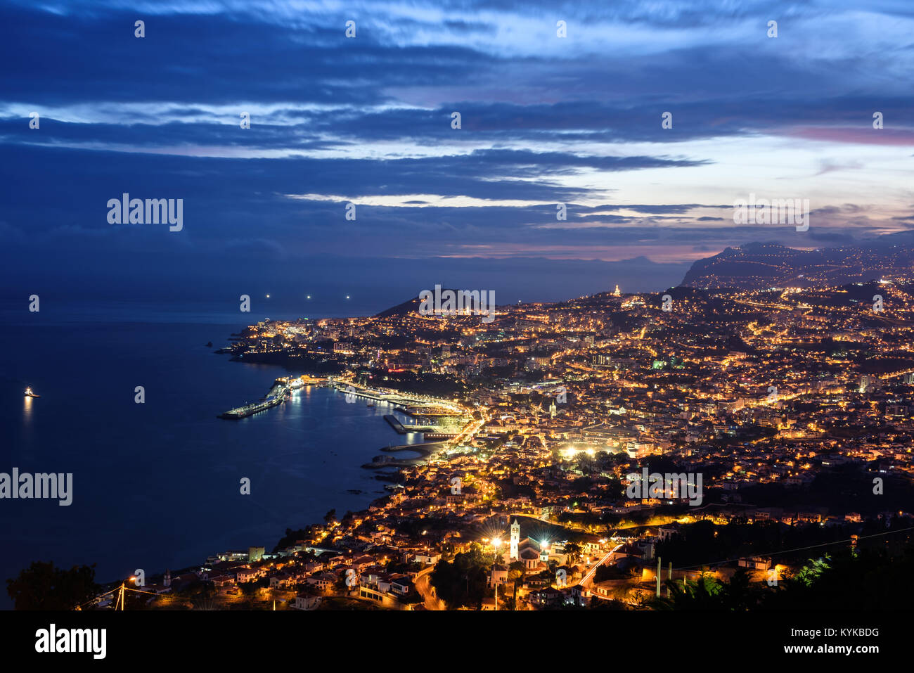 Impressive night view to Funchal city in Madeira island, Portugal Stock ...
