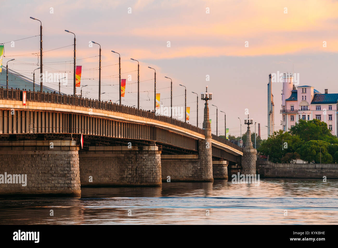 Riga, Latvia. Akmens Tilts - Stone Bridge Street At Sunset Or Sunrise ...