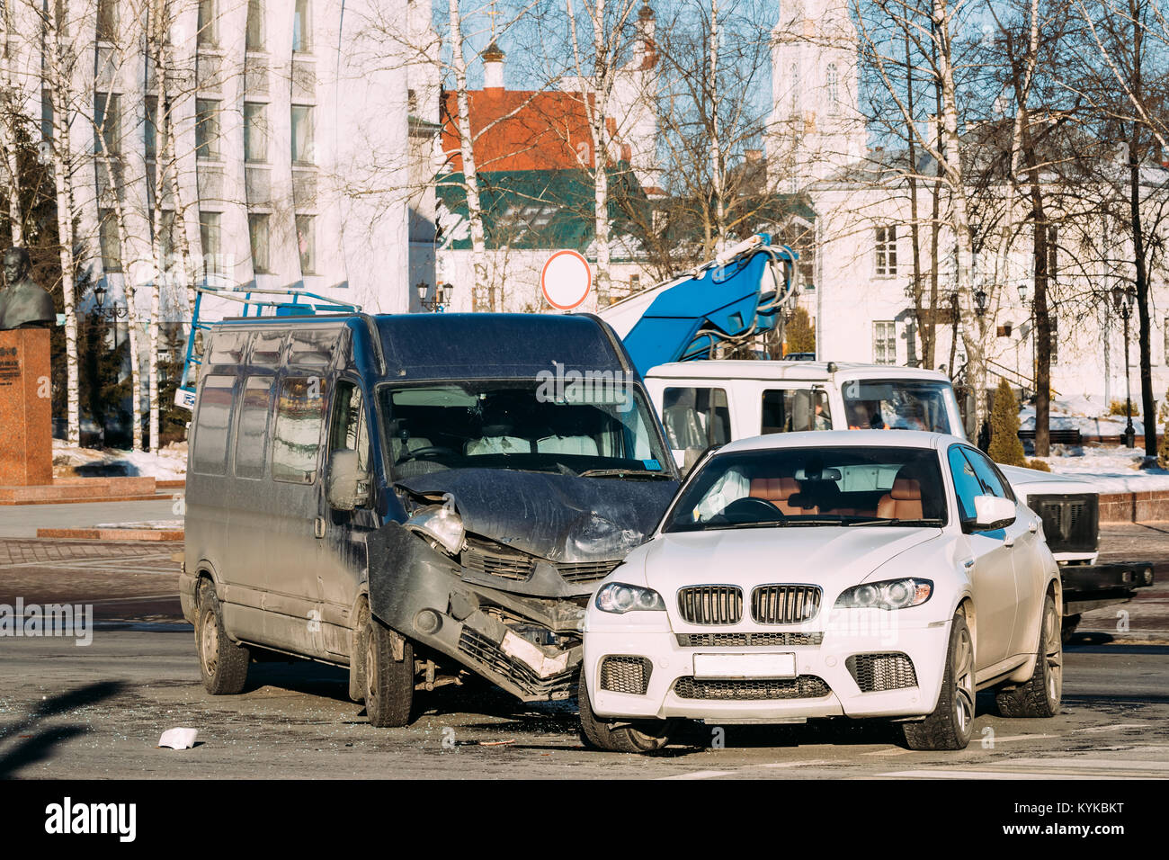 Collision Of Two Cars. Crashed Minibus And Luxury Crossover SUV Cars In ...