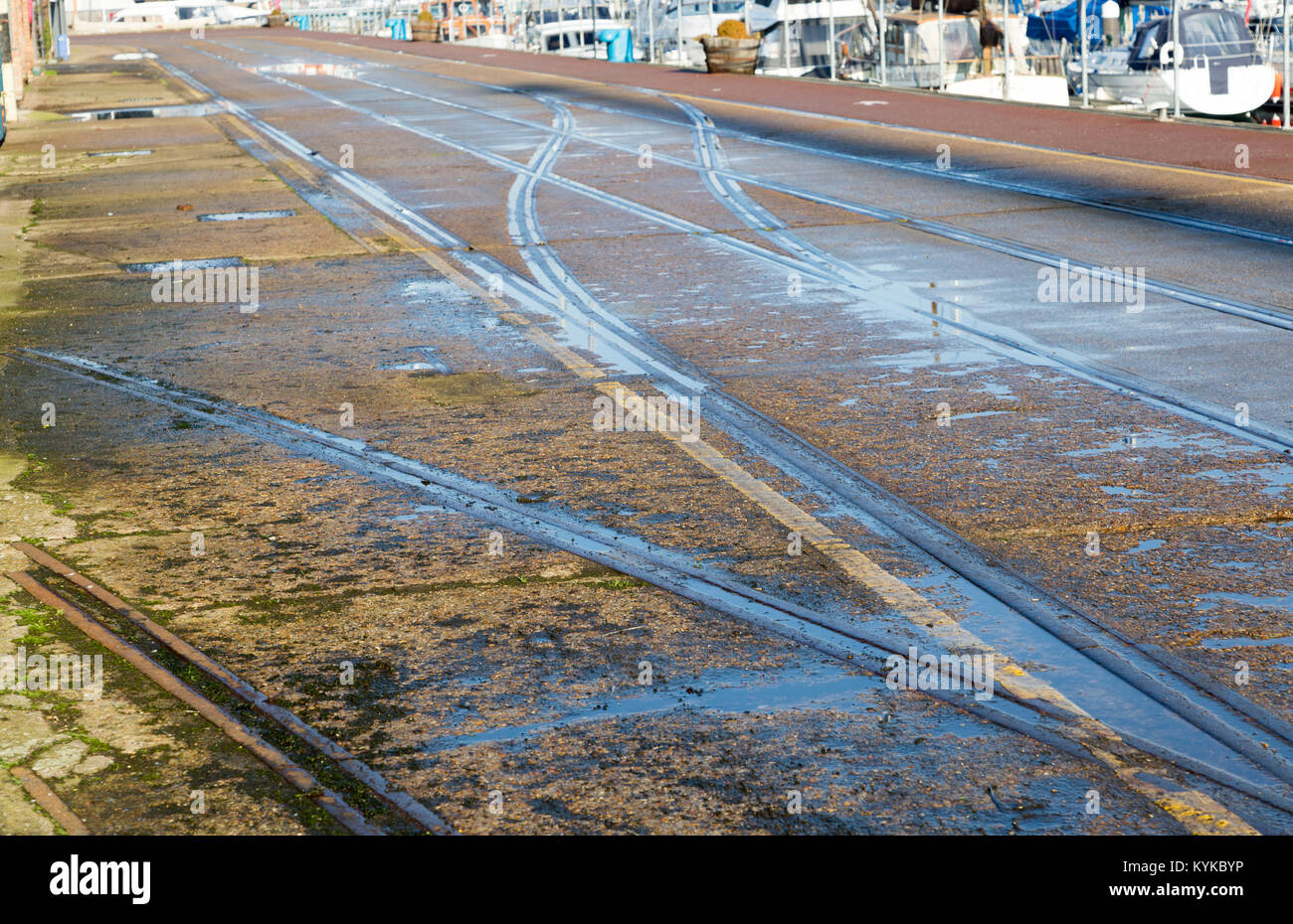 Old rail track lines on quayside Ipswich Wet Dock waterside ...
