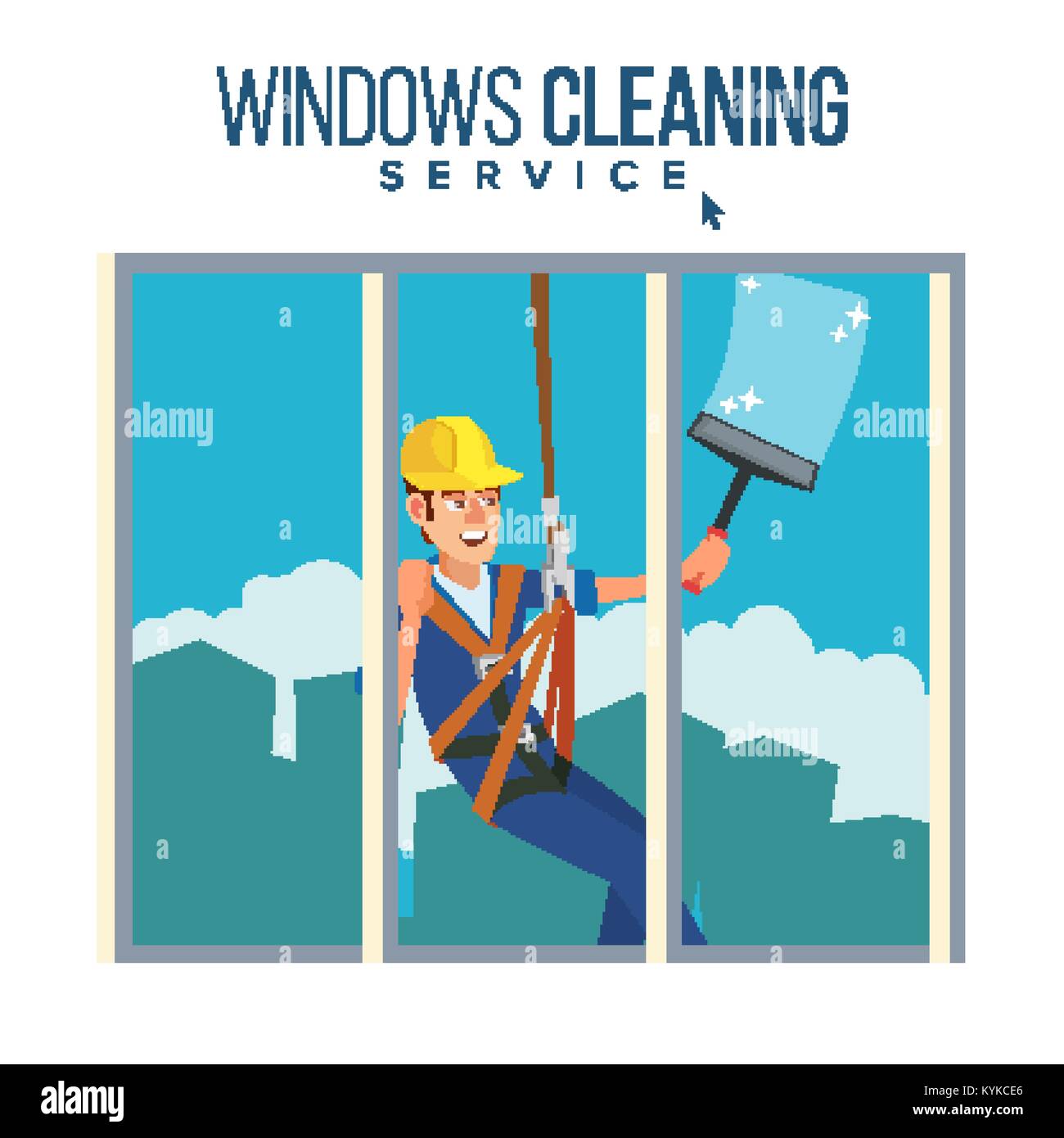 Window Washer Worker Vector. Man Cleaning Window Squeegee Spray. Window ...