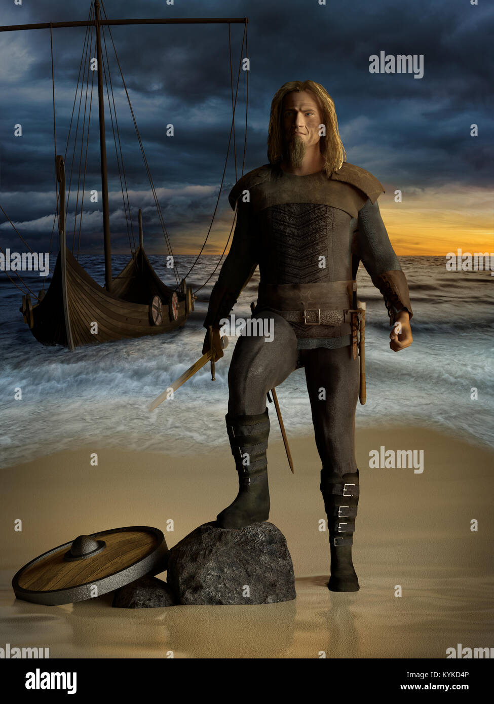 Medieval scandinavian warrior viking with sword standing near Drakkar ...