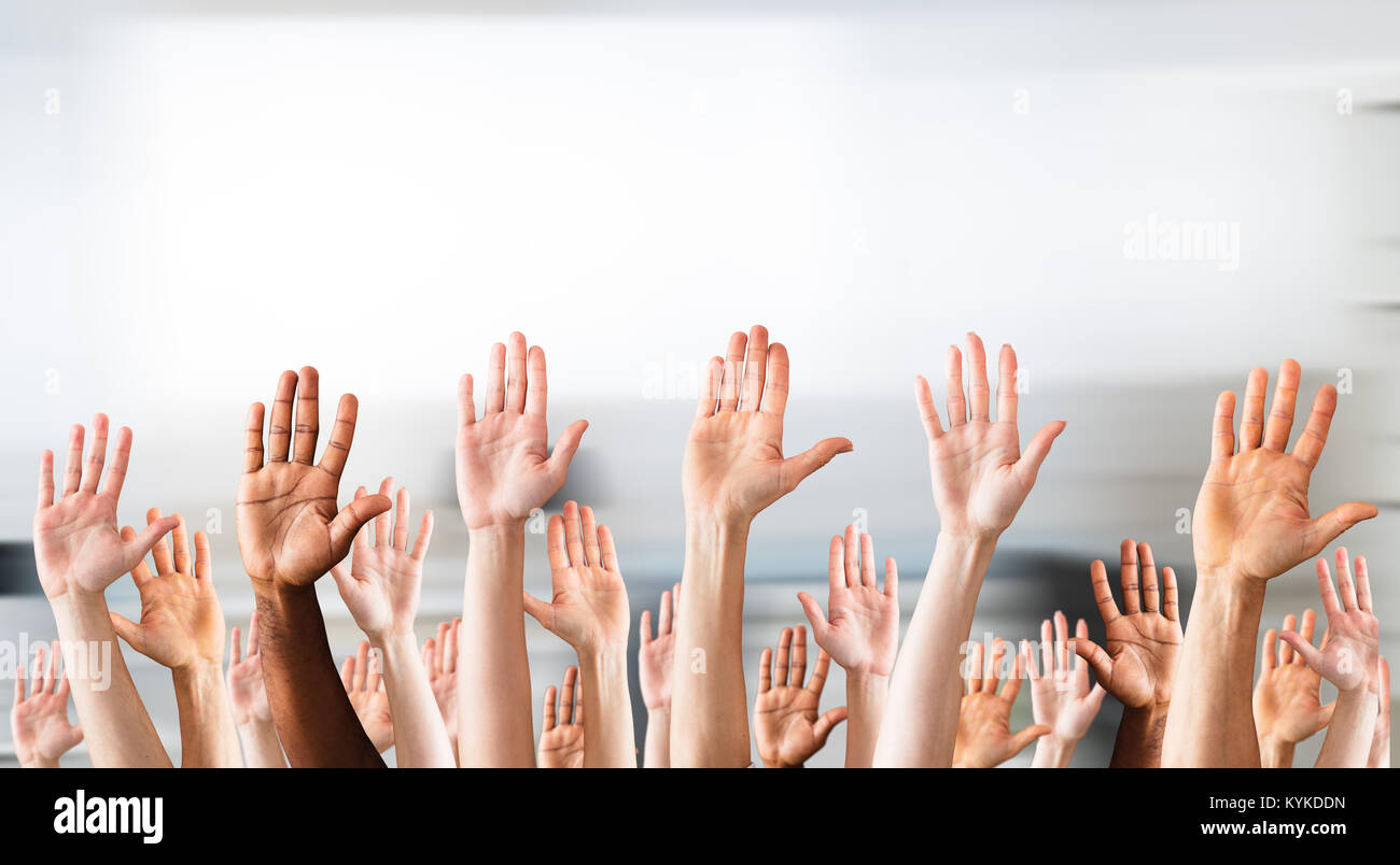 Photo Of Crowd Raising Hands High Up Stock Photo - Alamy