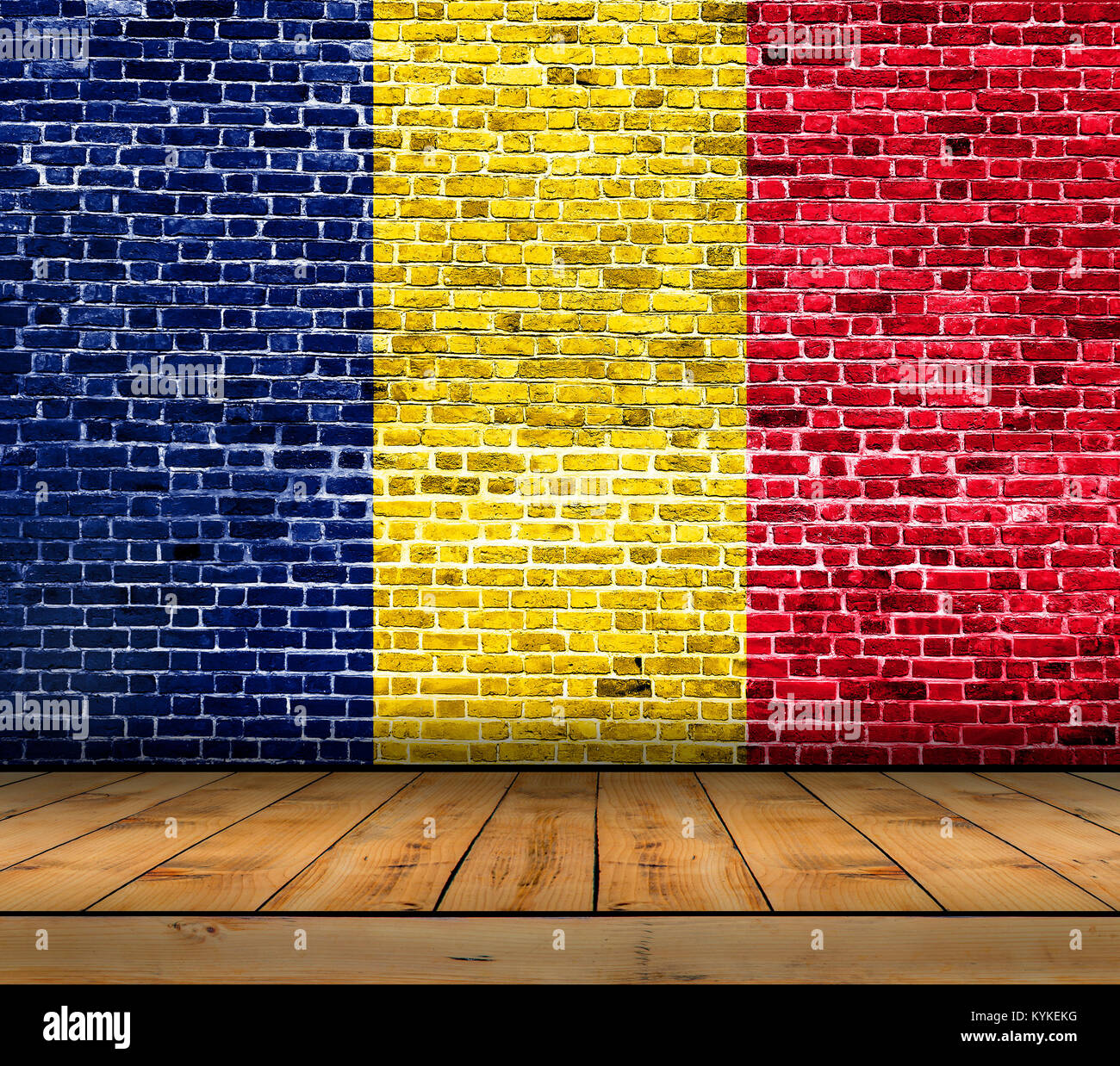 Chad flag painted on brick wall with wooden floor Stock Photo - Alamy