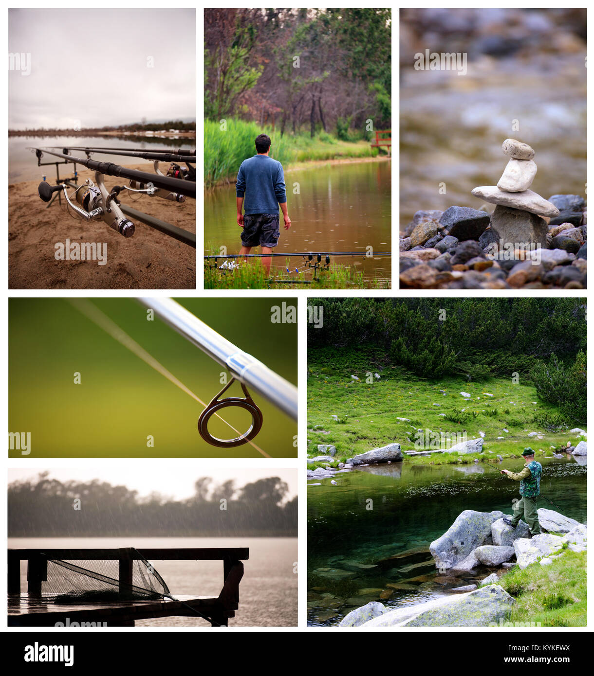 fishing details collage from several nature of river and lakes Stock ...