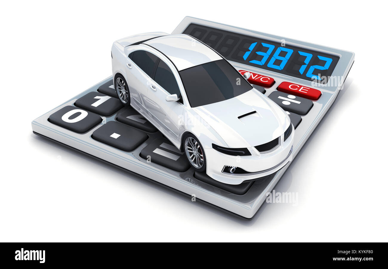 Calculator and white small car on white background. 3d illustration ...