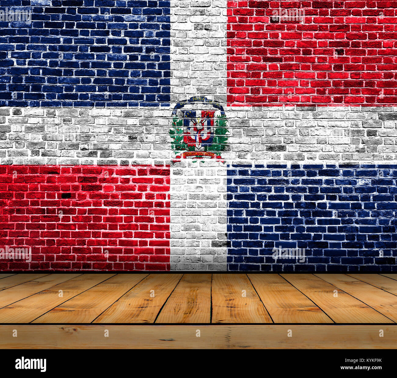 Dominican Republic flag painted on brick wall with wooden floor Stock ...