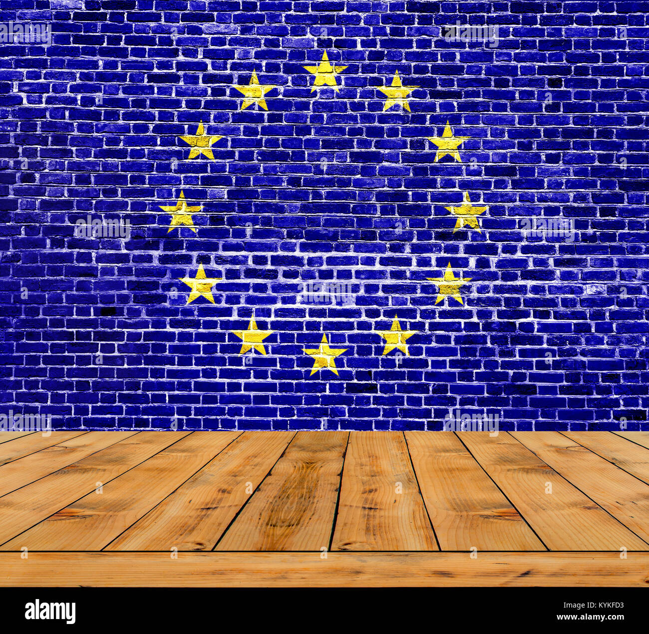 Flag of European Union painted on brick wall with wooden floor inside ...