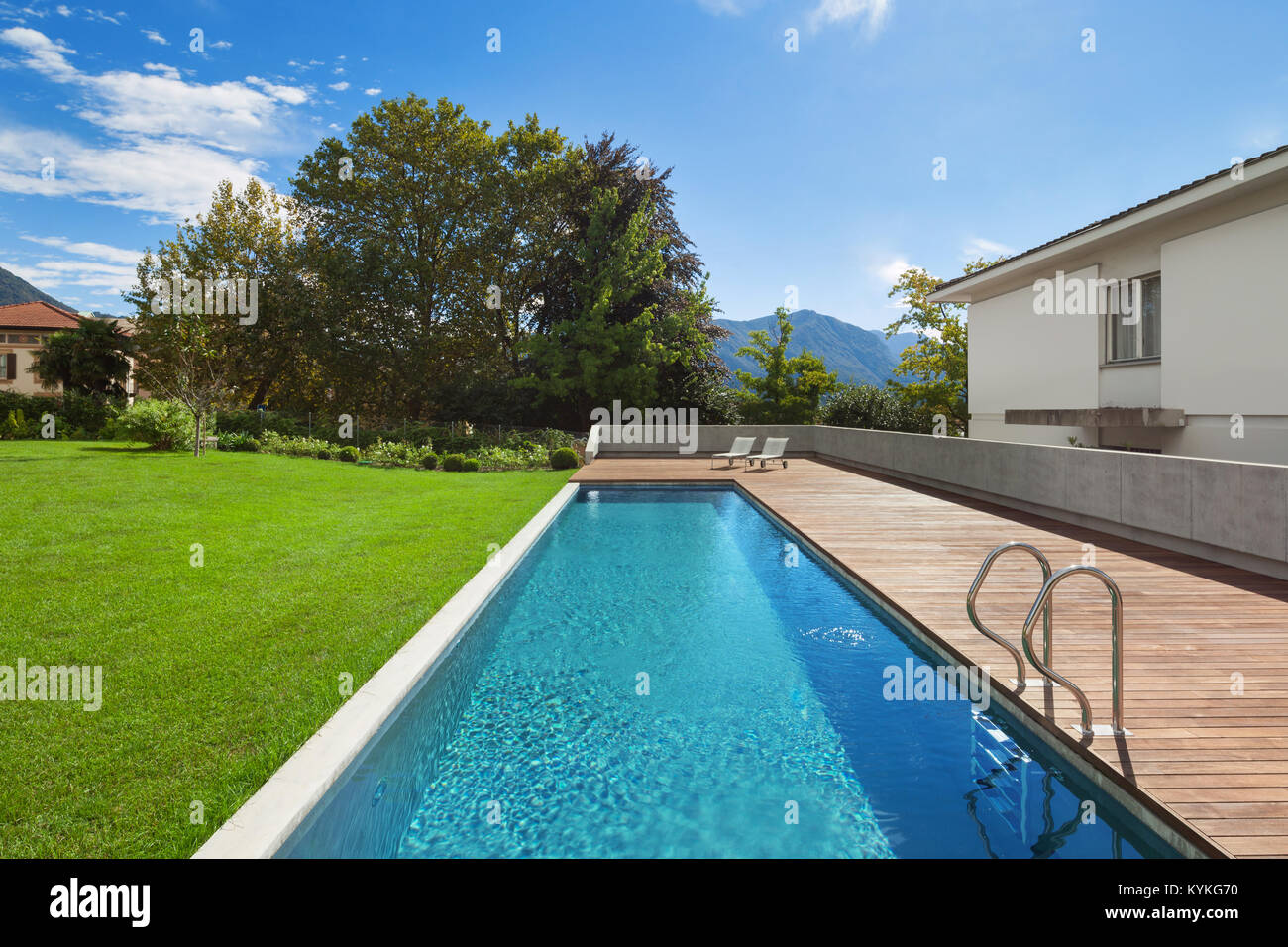 Swimming pool of a private residence in the suburbs, outdoors Stock ...