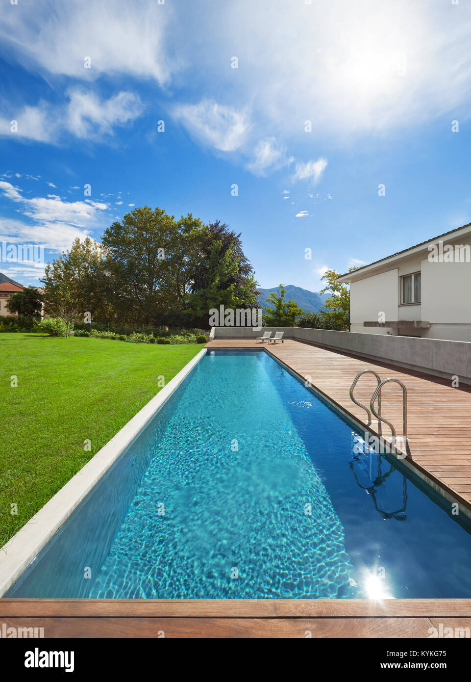Swimming pool of a private residence in the suburbs, outdoors Stock ...