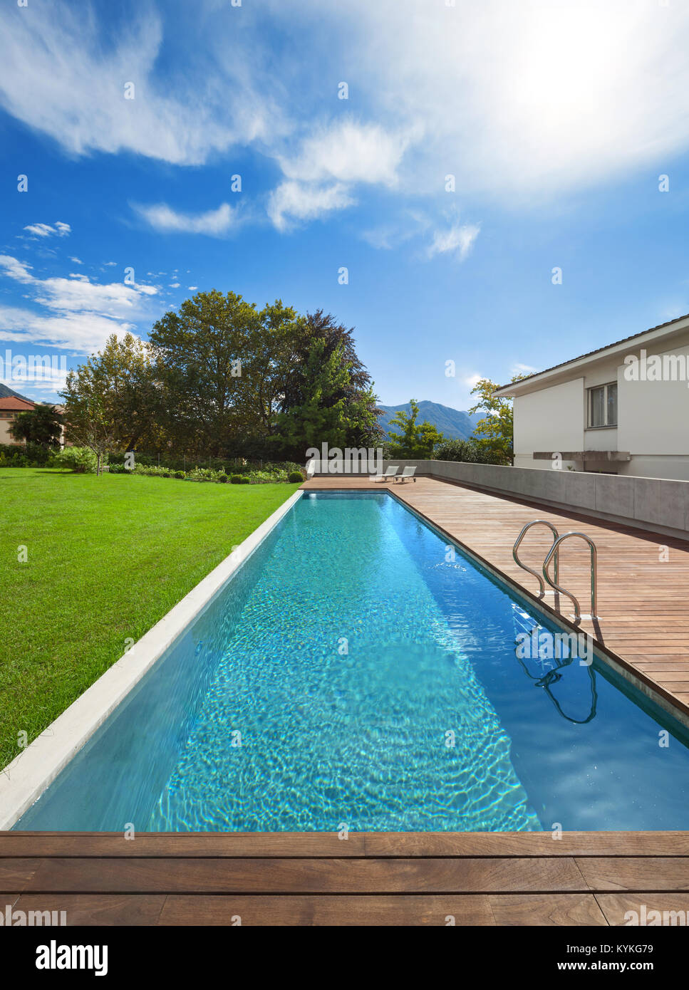 Swimming pool of a private residence in the suburbs, outdoors Stock ...