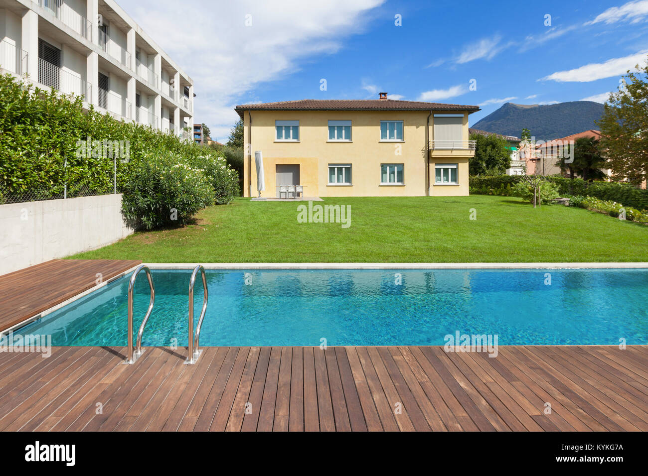 Swimming pool of a private residence in the suburbs, outdoors Stock ...