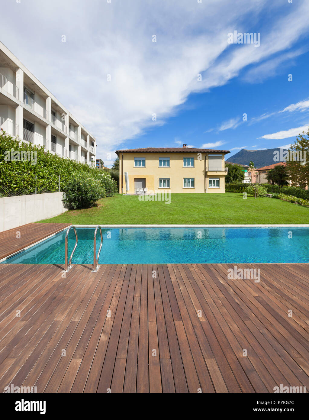 Swimming pool of a private residence in the suburbs, outdoors Stock ...