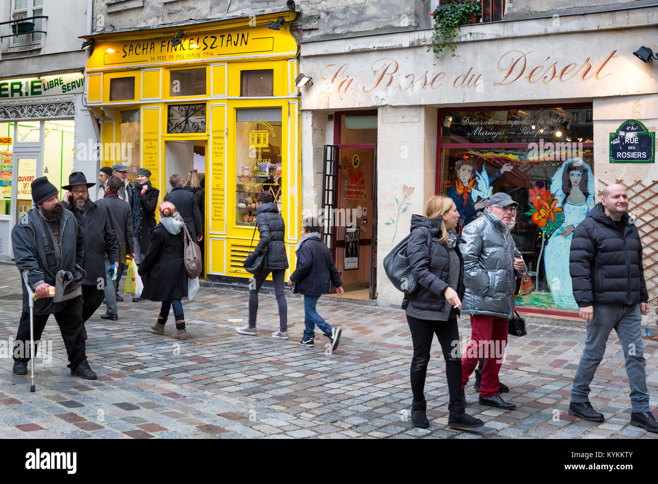 PARIS - Dec 23, 2013: Historic Jewish quarter. Pedestrian street Rue ...
