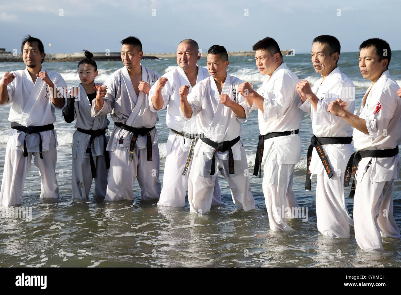 Japanese martial arts training of karate in midwinter of a new year at ...