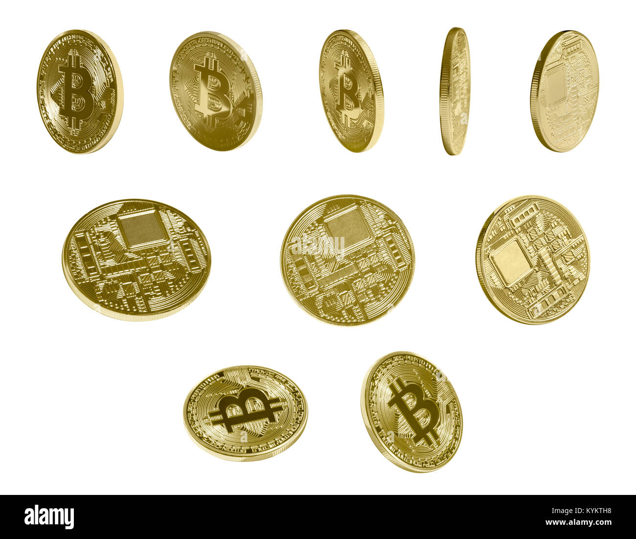 Golden Bitcoins with different view isolated over white background ...
