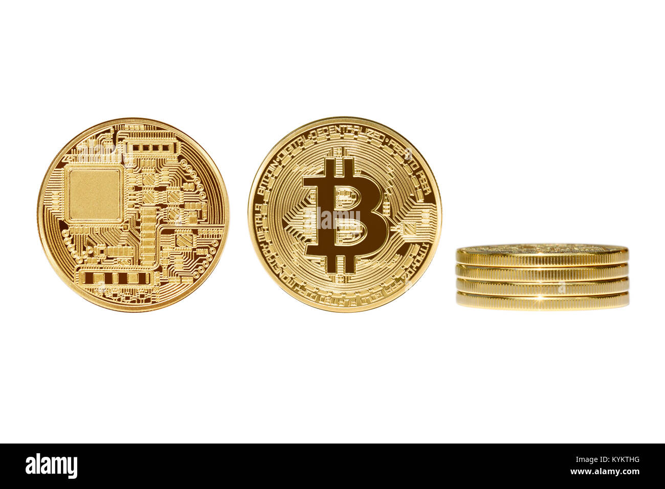 Front and rear view of golden bitcoin isolated over white background ...