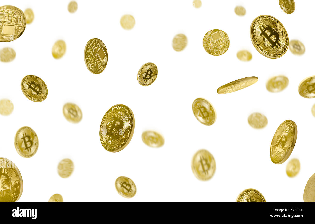 Golden bitcoins falling isolated over white background Stock Photo - Alamy