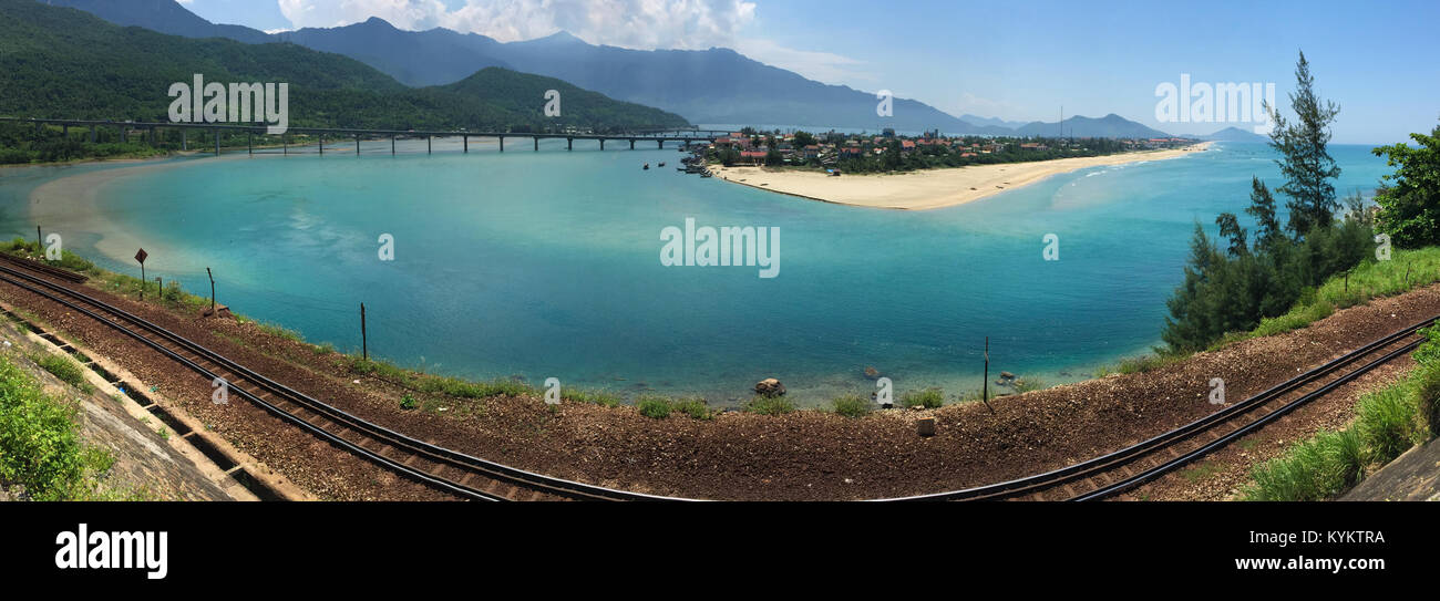 Panorama of Lang Co Bay with rail tracks in South Coast of Vietnam ...