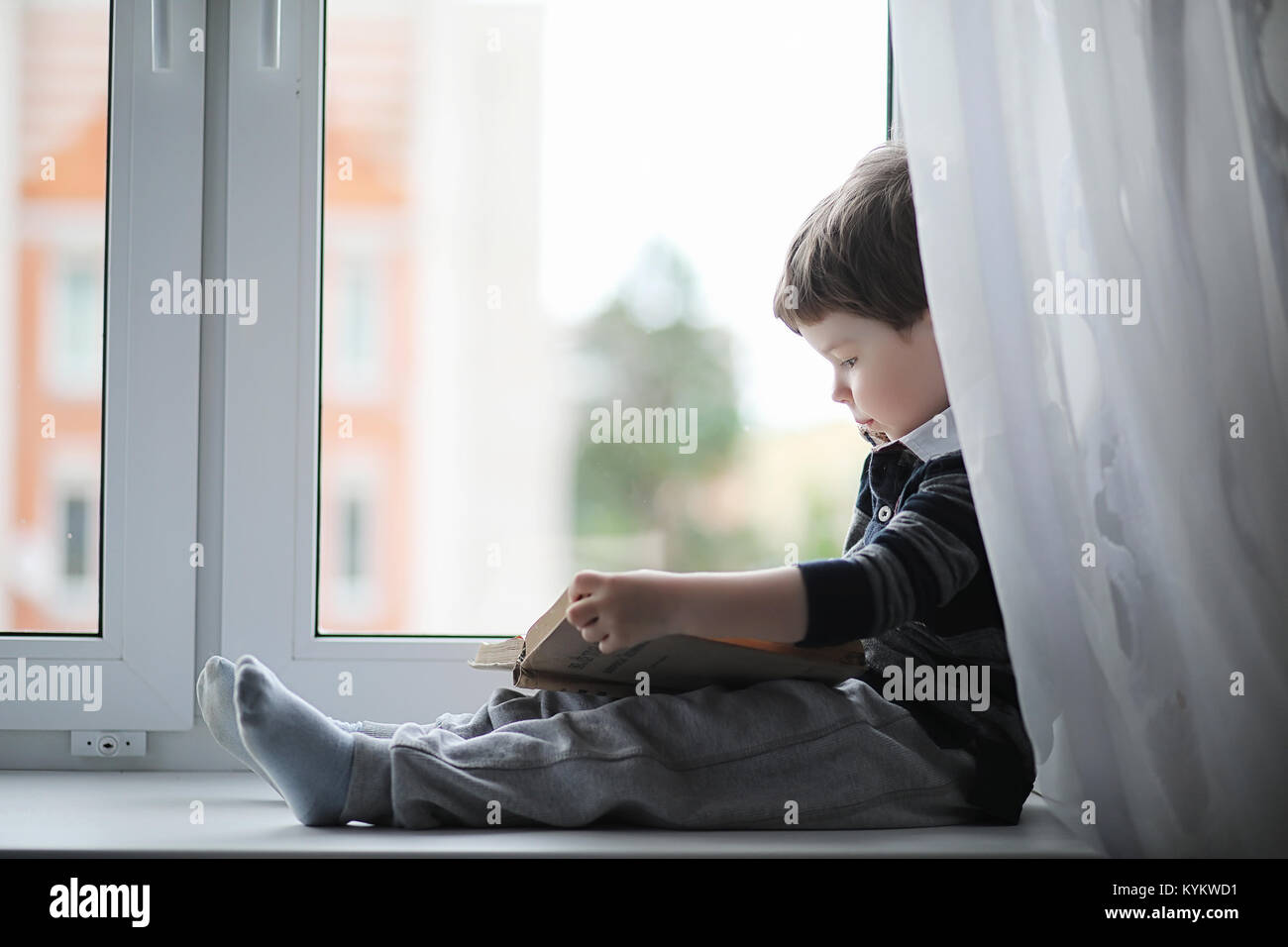 The little boy is reading a book. The child sits at the window a Stock ...