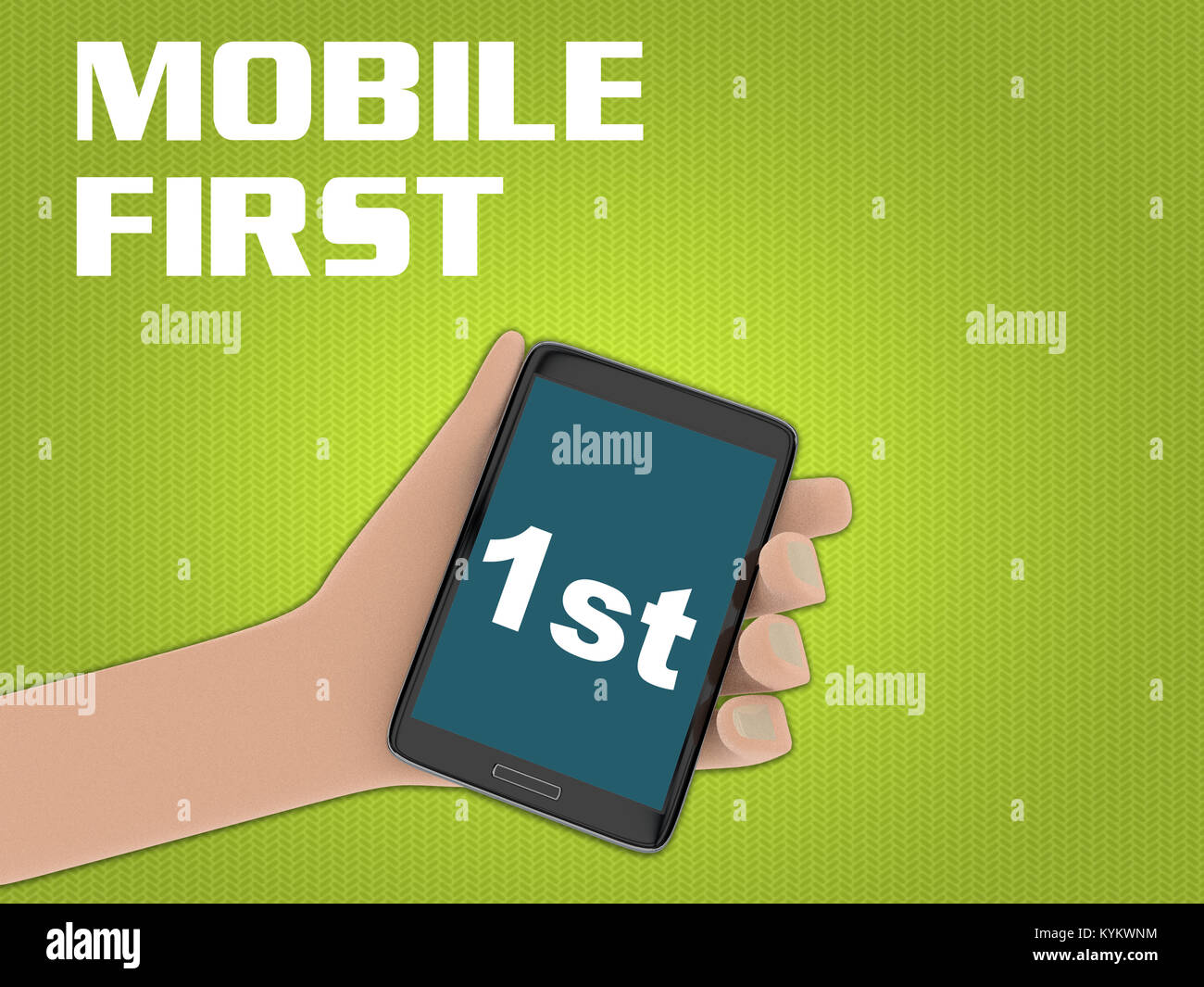 3D illustration of 1st script on the screen of a cellulr phone held by ...