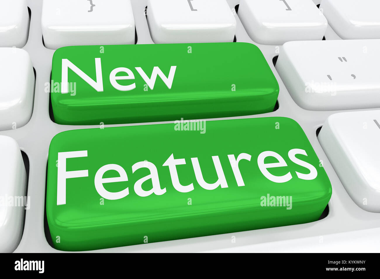 3D illustration of computer keyboard with the script New Features on two adjacent green buttons ...