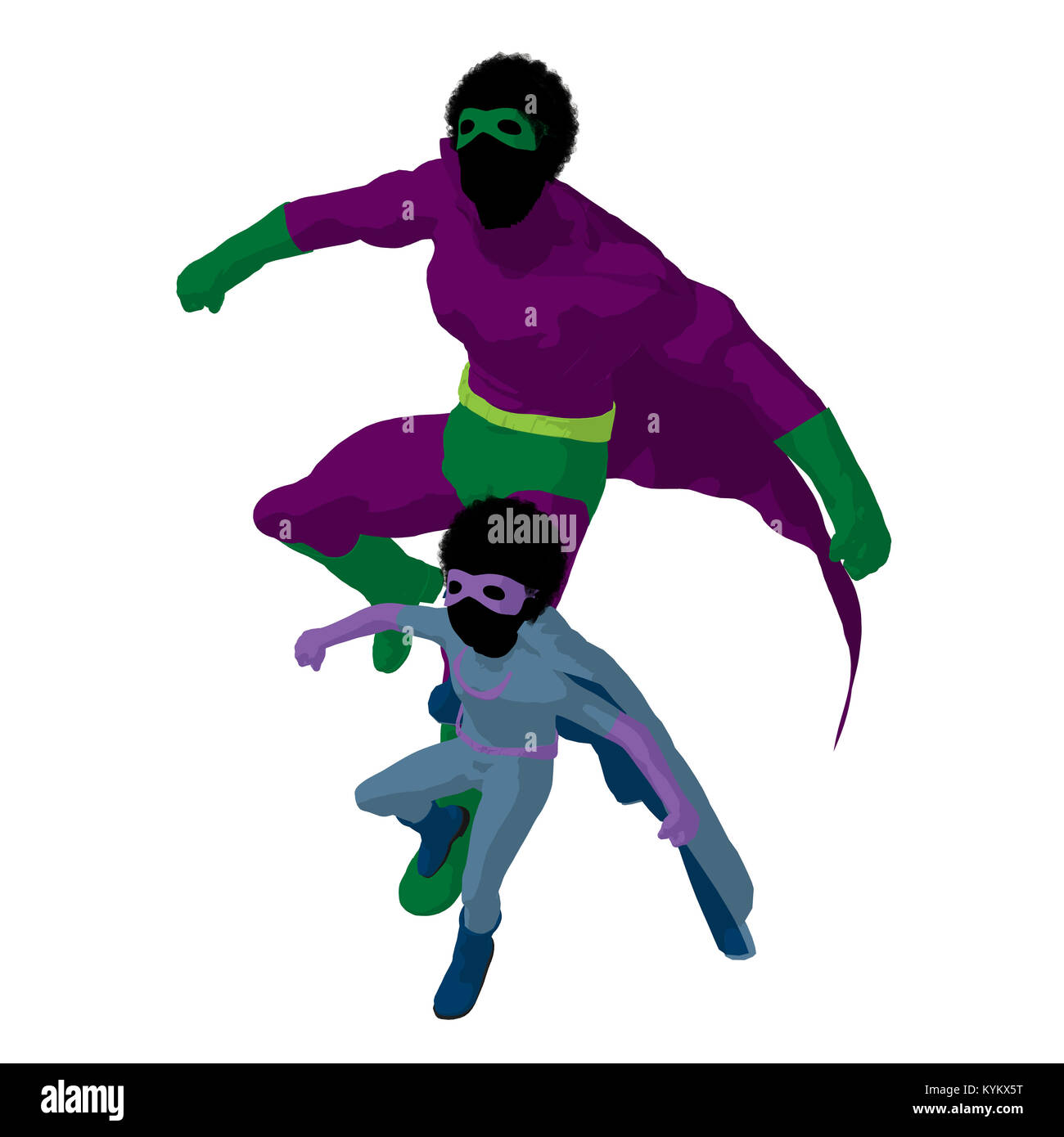 African american super hero dad with child silhouette on a white ...