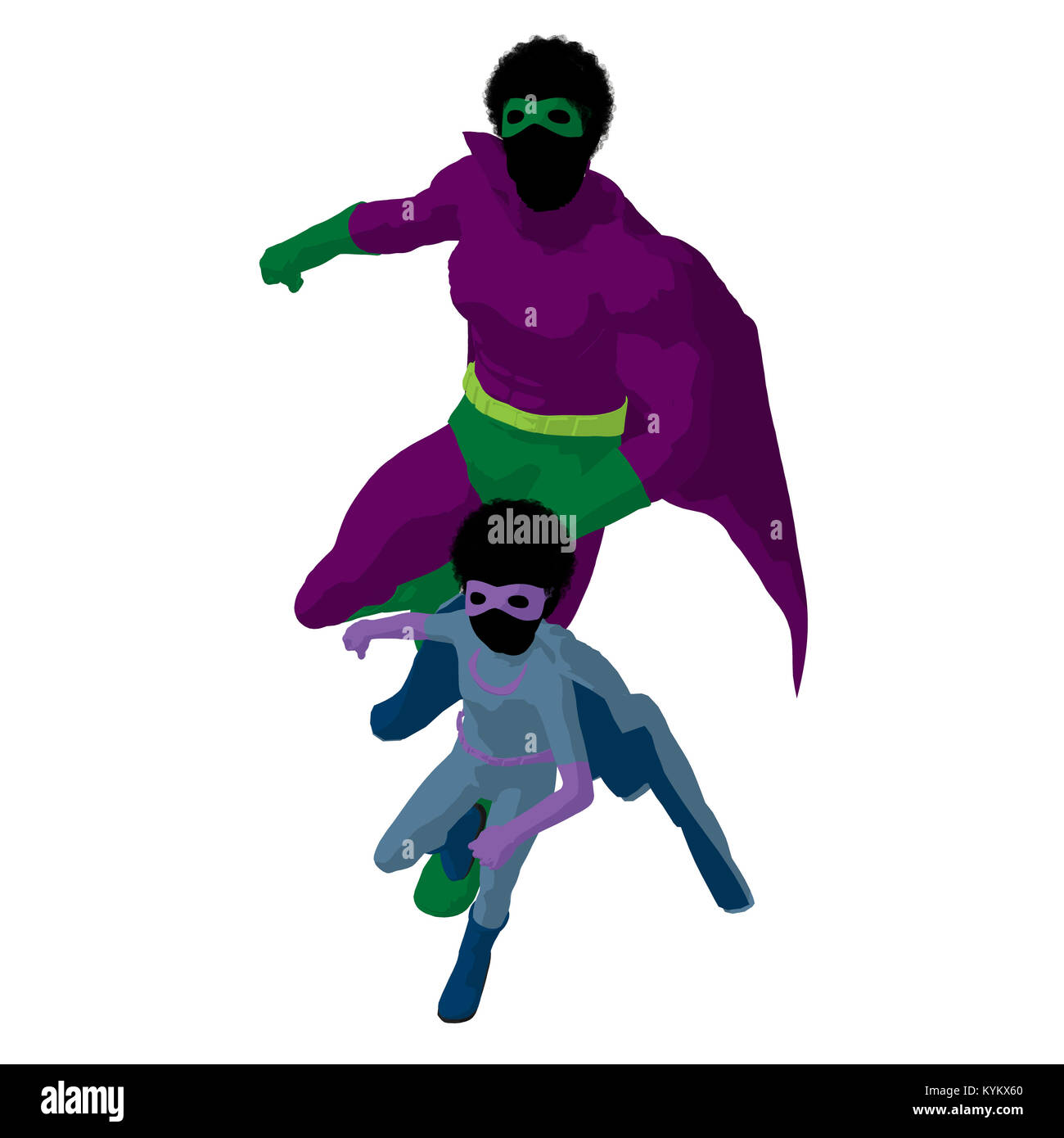 African american super hero dad with child silhouette on a white ...