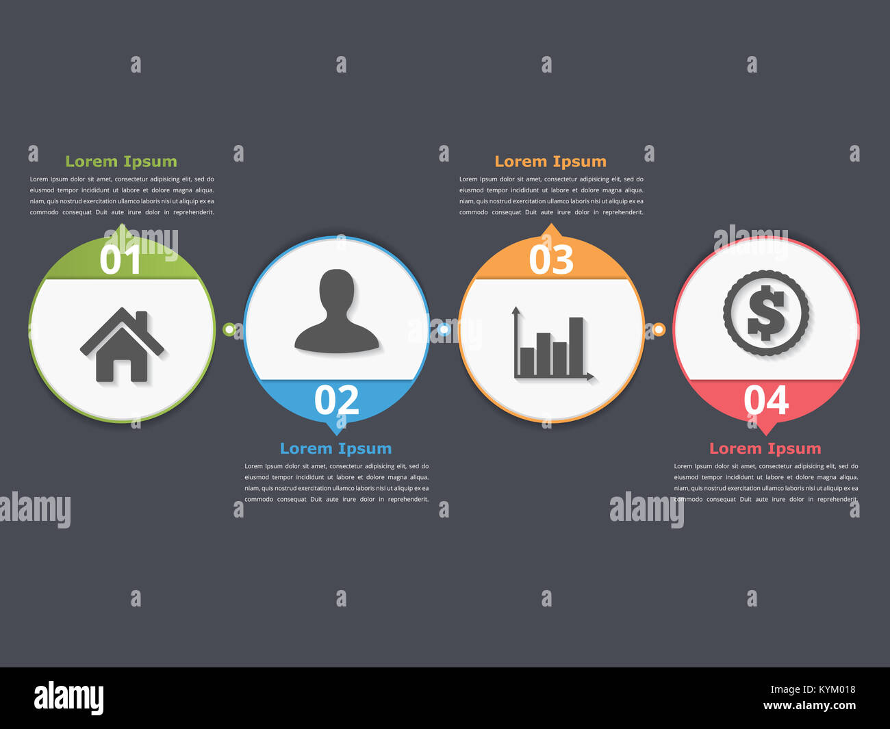 Process chart template with circles, flowchart or workflow with four ...