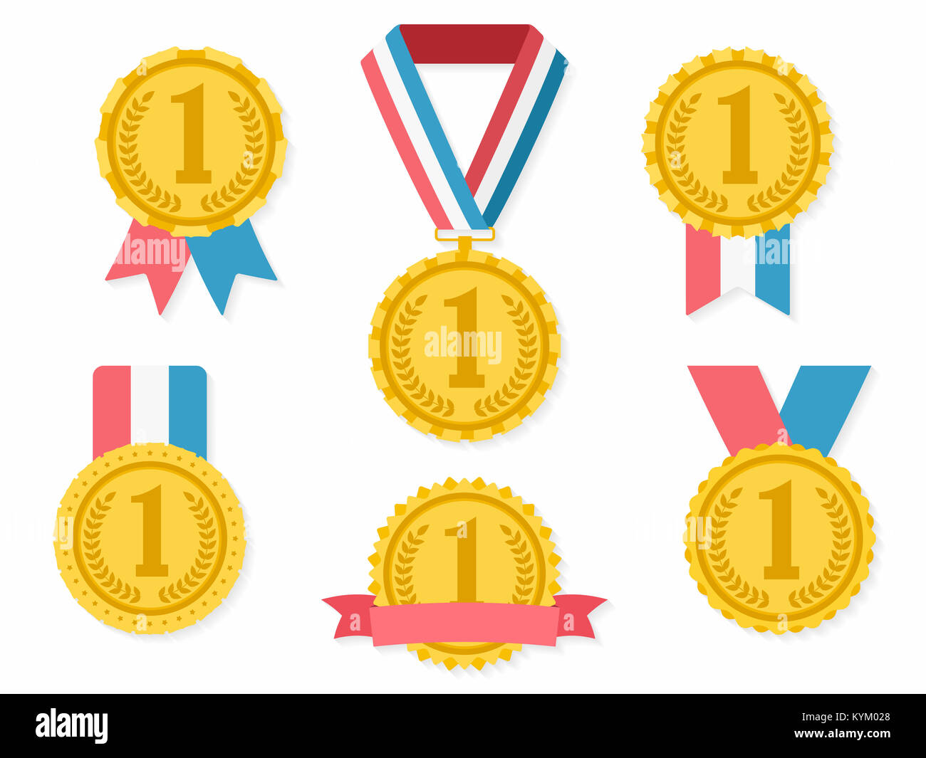 Golden medals with ribbons, first place award, flat design, vector ...