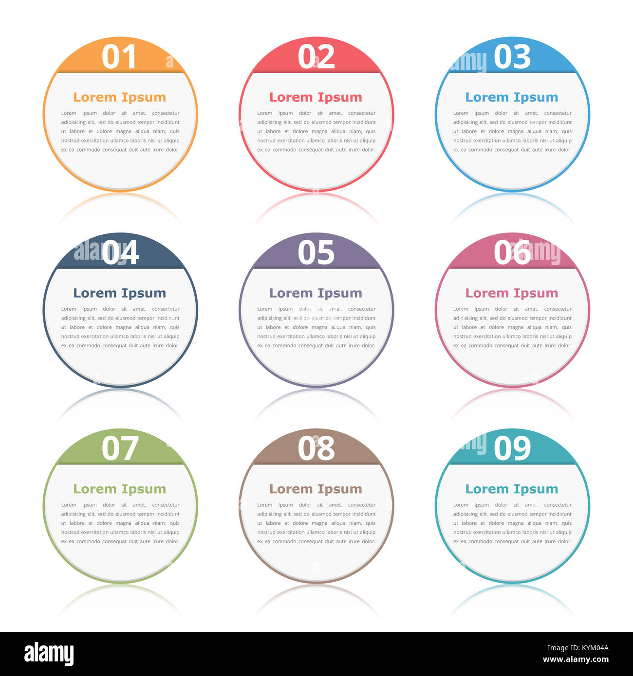 Set of nine round design elements or text boxes with numbers, steps or ...