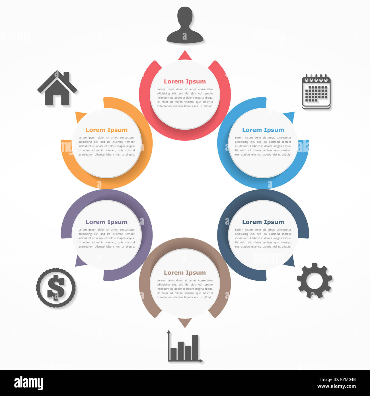 Circle diagram with six elements, steps or options, flowchart or ...