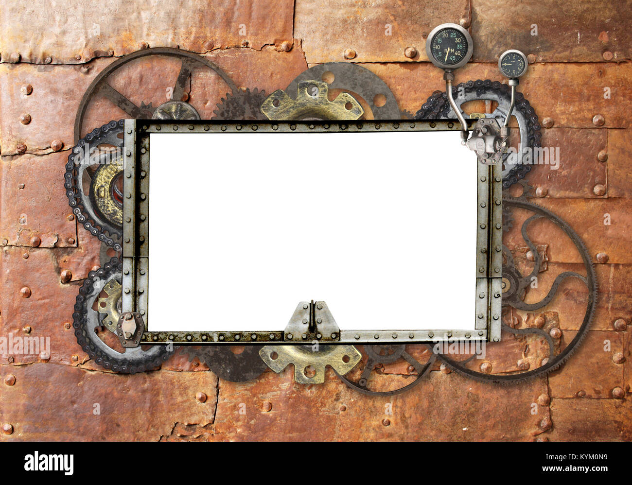 Grunge background with metallic frame with vintage machine gears and ...